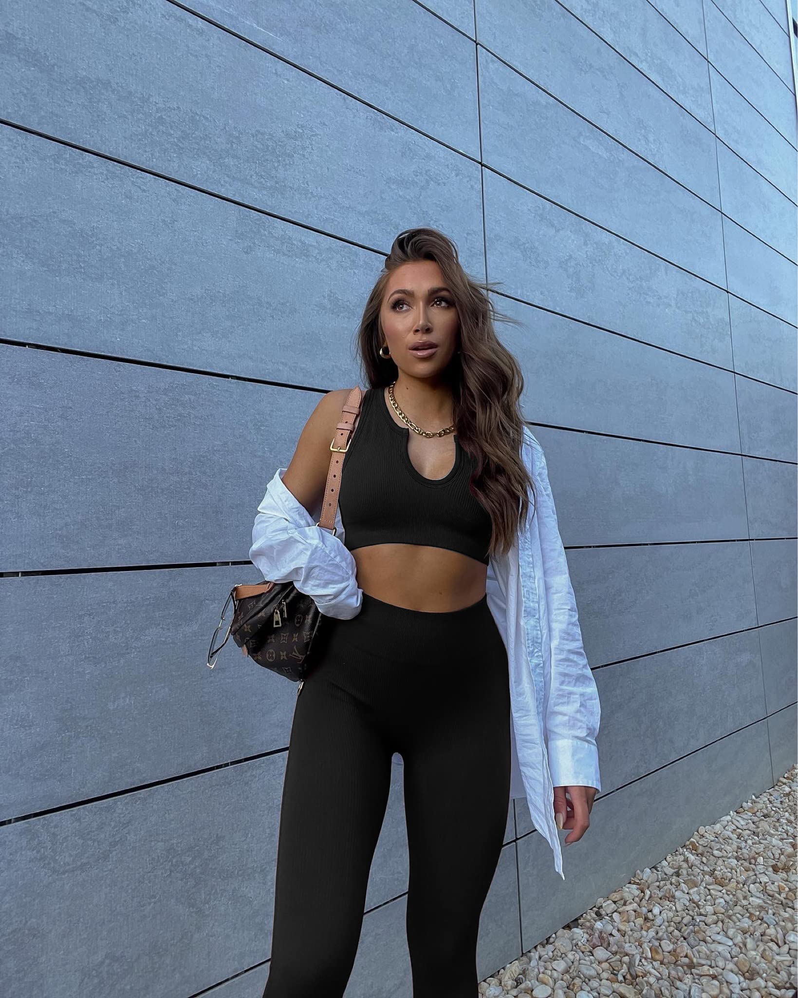 QINSEN Workout Leggings for Women High Waist,Seamless Workout Bra 2 Piece Outfits Set Black M