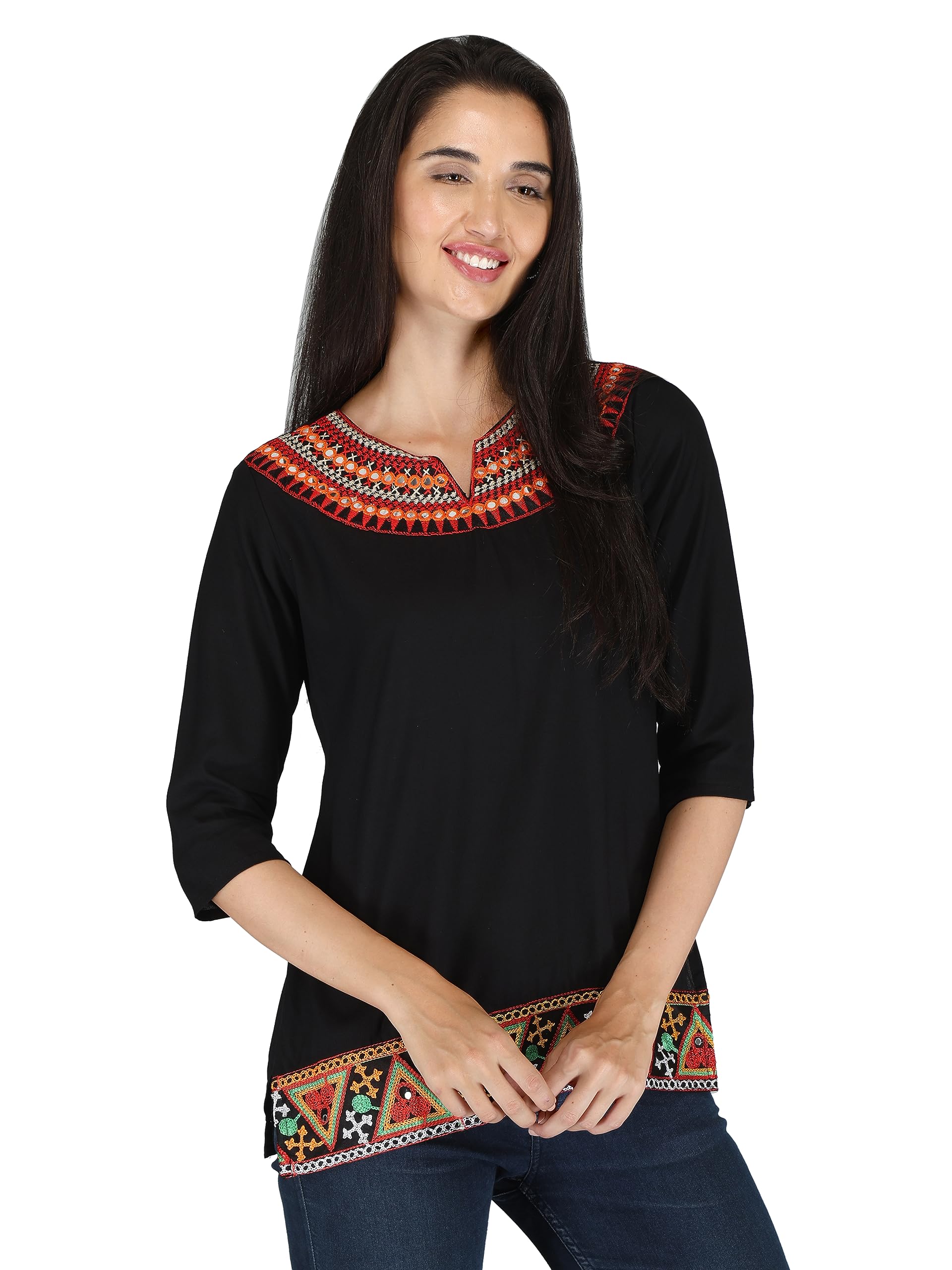 MESMERIICAL Women's Embroidered Cotton Short Kurti (Large, Black)