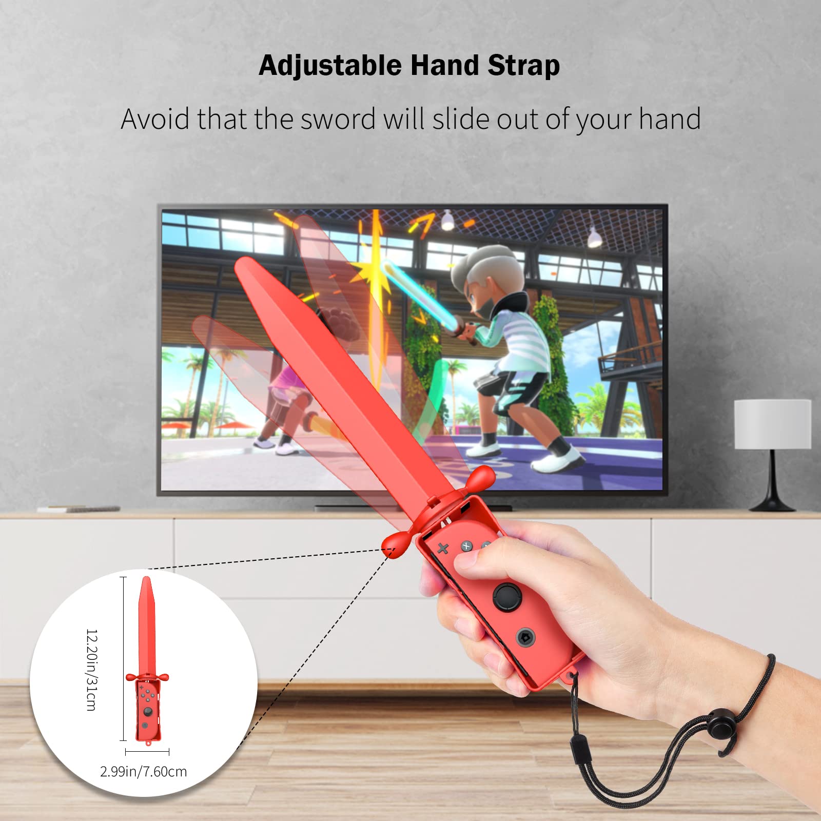 TiMOVO 2-Pack Sword Grip for Switch Sports: Chambara (swordplay)/The Legend of Zelda: Skyward Sword Game, Compatible with Nintendo Switch/Switch OLED 2021, with Adjustable Hand Wrist Strap, Red & Blue