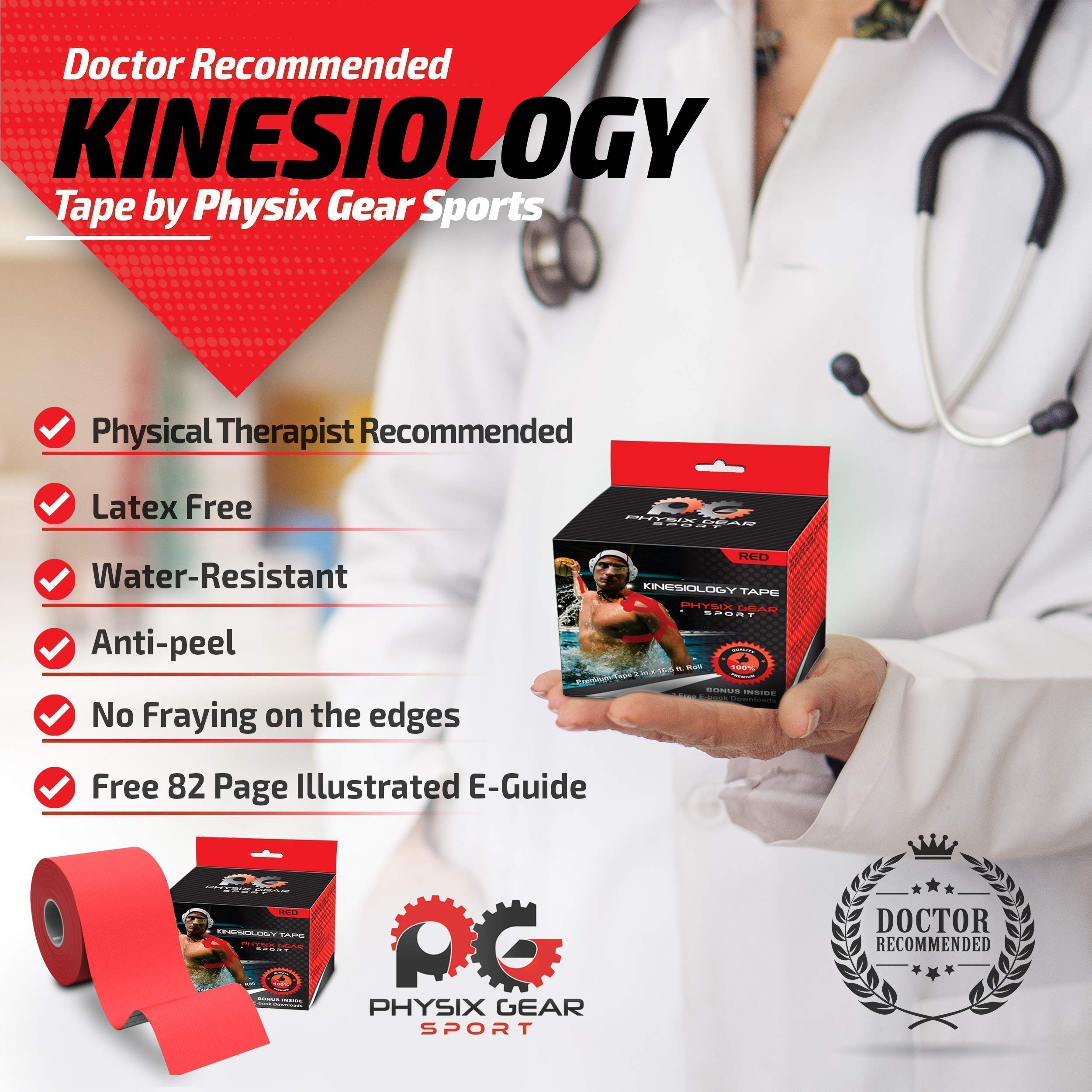 Physix Gear Sport 4 Rolls of Kinesiology Athletic Tape and eGuide (Red + Purple + Blue + Pink)
