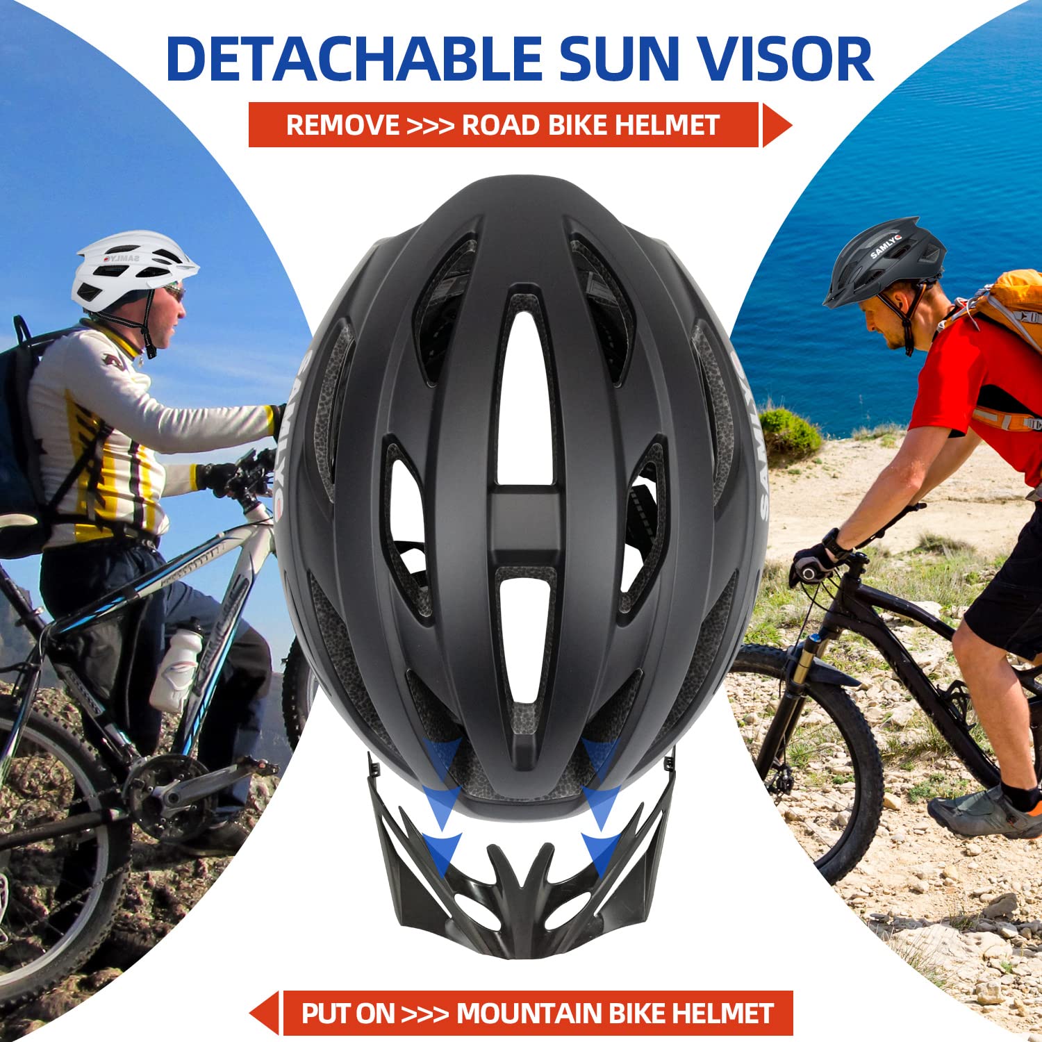 SAMLYC Mountain Bike Helmet MTB Bicycle Cycling Helmets with Adjustable and Detachable Visor for Adult Women Men Dark Black