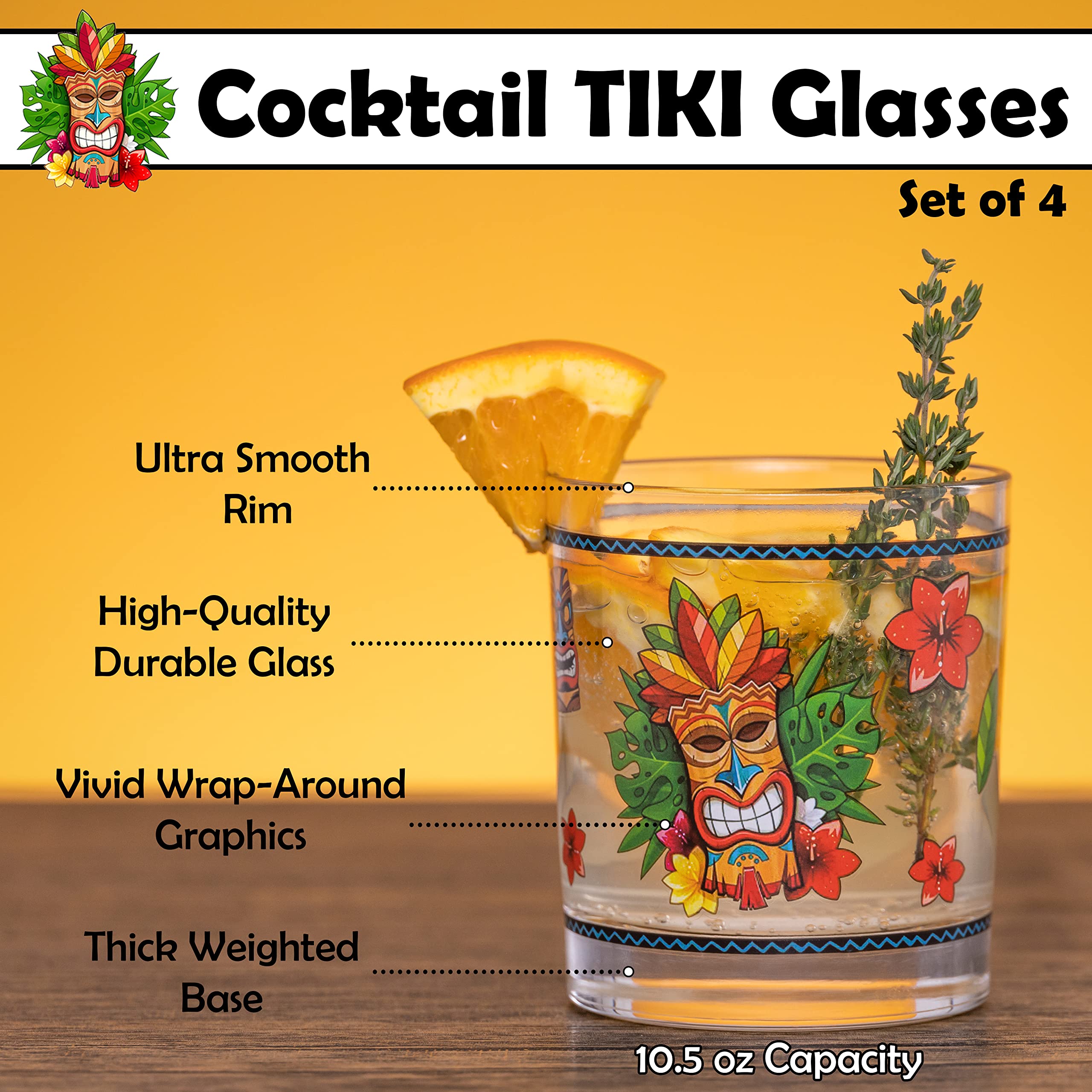 Tiki Cocktail Glasses Set of 4-10.5 Ounce Rocks Drinking Cups | Exotic Hawaiian Luau Party Barware
