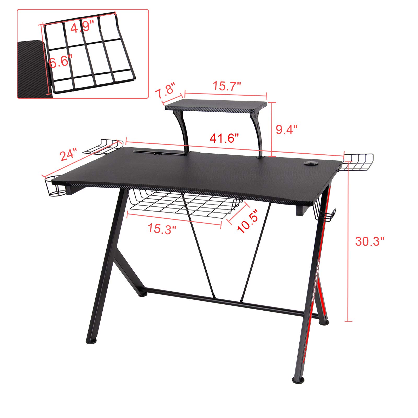 Polar Aurora Y-Shaped Gaming Desk 41.6" W x 24" D Home Office Computer Table, Black Gamer Workstation with Monitor Stand, a Cup and Headphone Hook, Cable Management Hole and a Under-Desk Basket(RED)