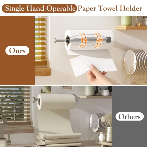 Paper Towel Holder Under Cabinet, Effortless Tear and Space-Saving, Single Hand Operable Paper Towel Holders with Damping Effect, Self-Adhesive or Drilled Paper Roll Holders for Kitchen, Bathroom, RV