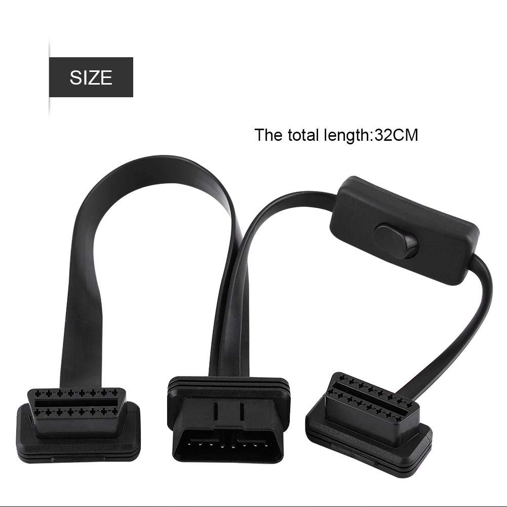 OBD2 Cable, 16 Pin Male to Dual Female OBD2 Splitter Flat Extension Cable Adapter with Switch