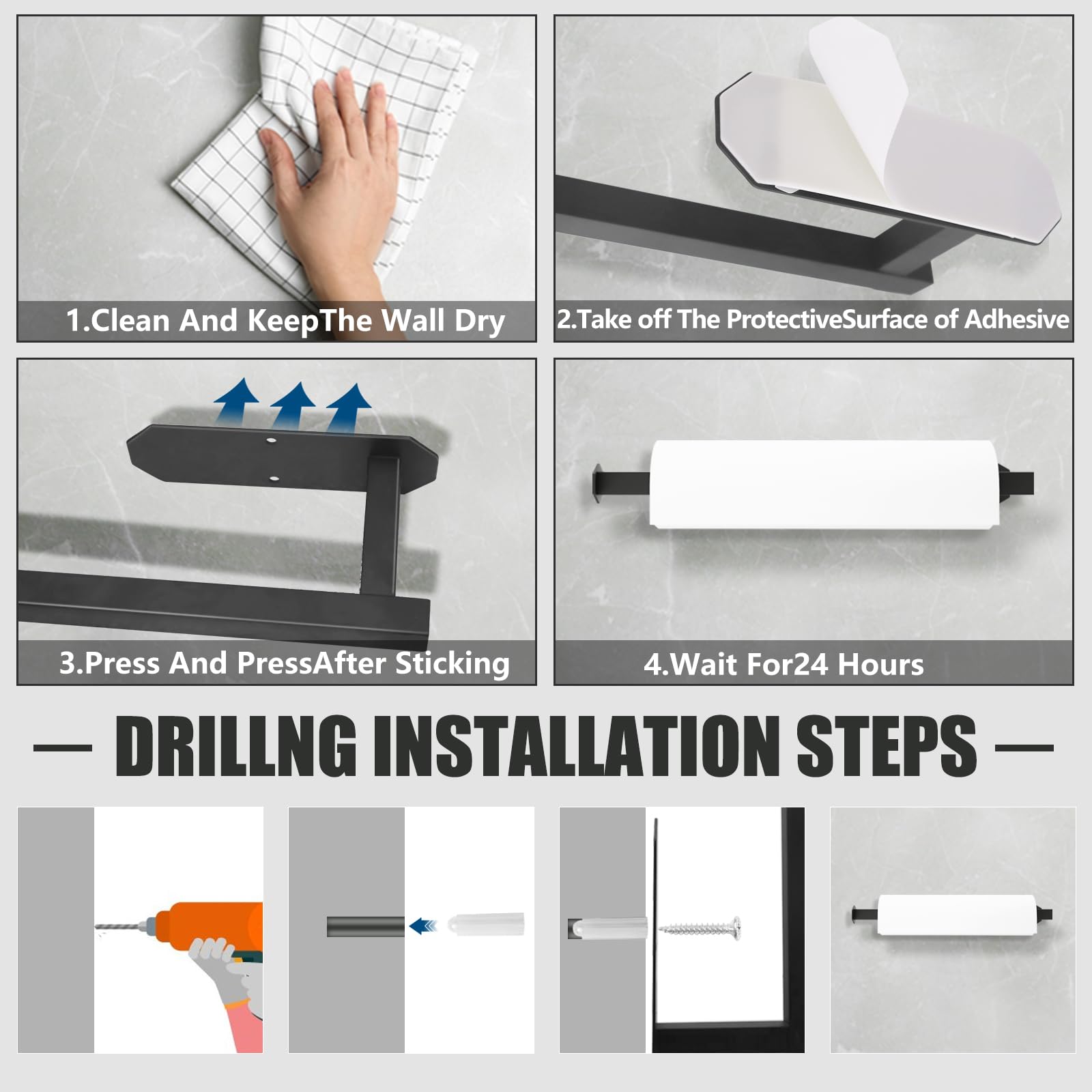 Paper Towel Holder Under Cabinet - Sturdy 304 Stainless Steel Kitchen Paper Towel Holder Wall Mount, Drilling or Self Adhesive Paper Towel Holder for Kitchen, Bathroom, Black