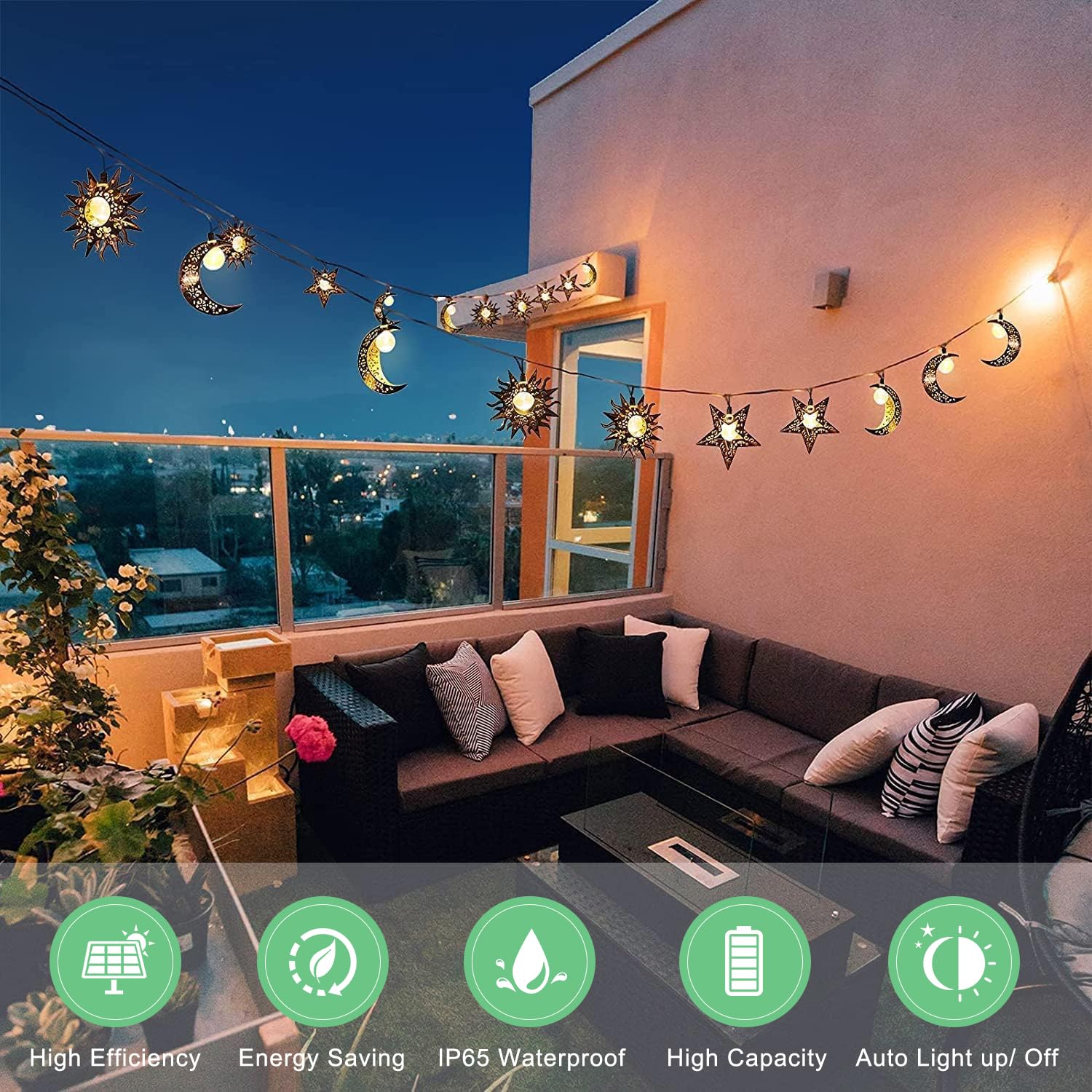 Solar String Lights Outdoor Star Moon Sun 13Ft 153In Led Solar Powered Fairy Decorative Lights for Garden Patio Yard Wedding Party (Warm White) (Moon String Lights)