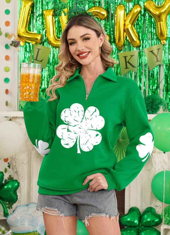 St Patricks Day Sweatshirt Women Long Sleeve Casual Half Zipper Sweatshirt Lapel Clover Pullover Tops Green XL