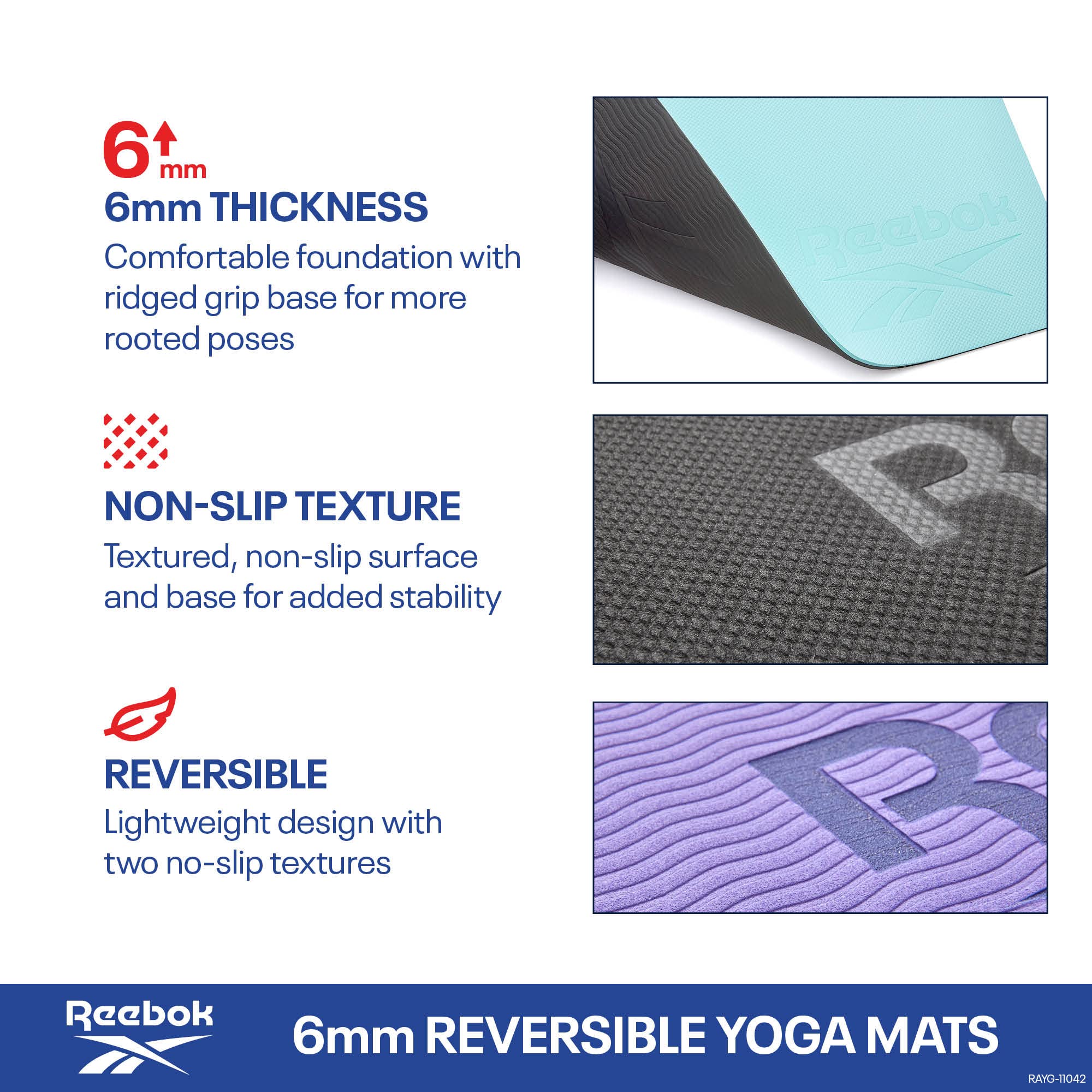 Reebok Double-Sided Yoga Mat - Lightweight, Compact, Rollable, and Cushioned Supportive Workout Mat for Yoga, Pilates, and General Exercise - Non Slip Base with Reversible Design - 6mm, Purple