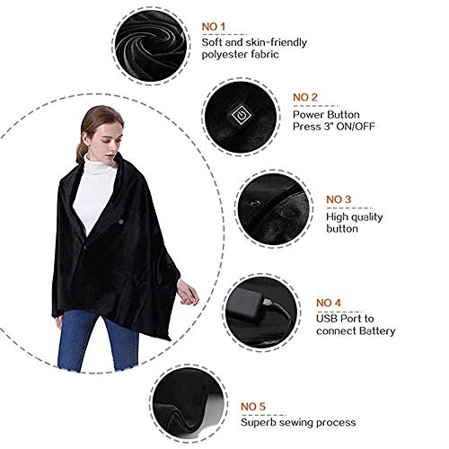 SYXBXZ Electric Heated Blanket USB Wrap Shawl with 3 Heating Settings, Heated Cape Heating Throw Electric Lap Flannel Blanket for Car Office Chair - Machine Washable 168x65cm