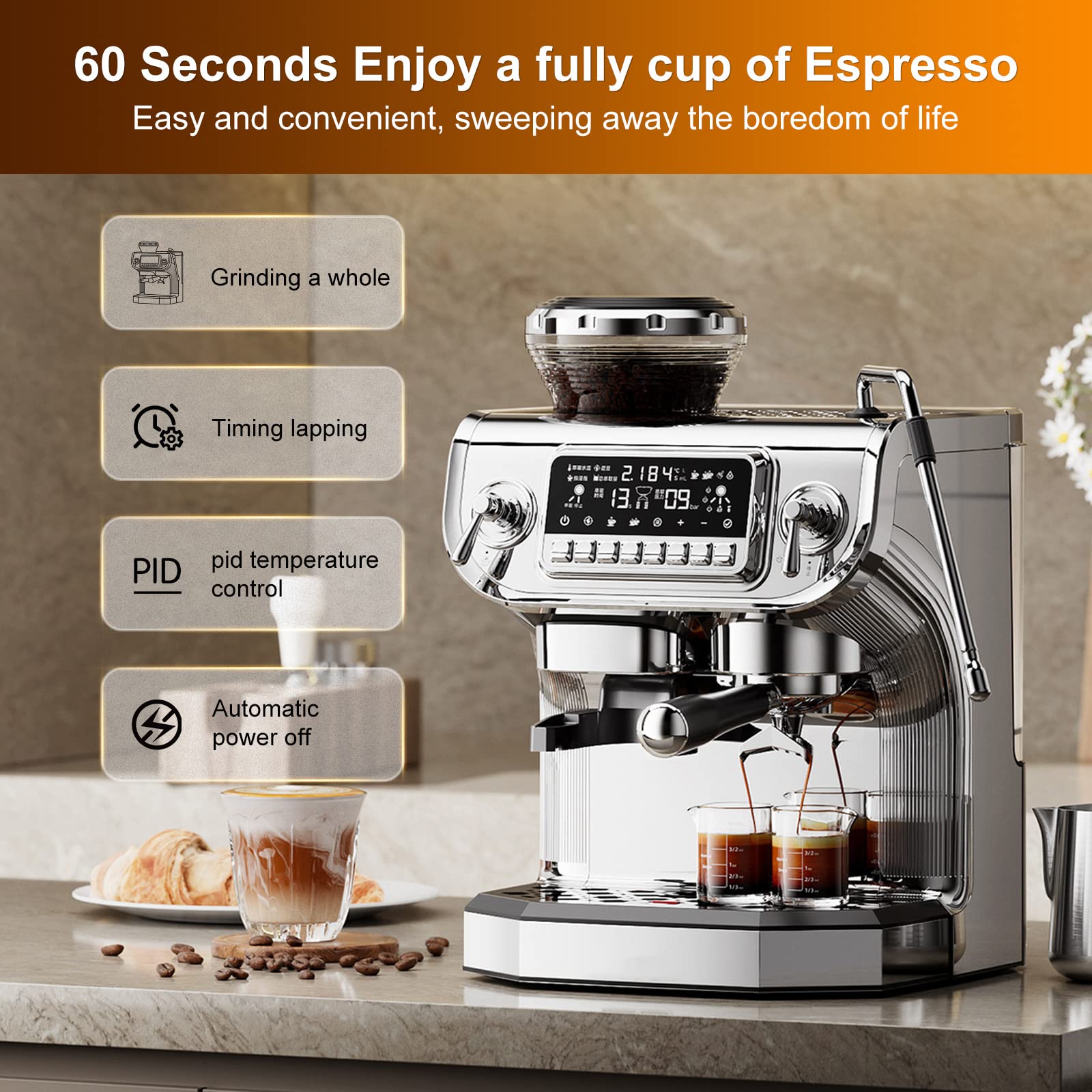 Mcilpoog TC530 Espresso Machine with Milk Frother,Semi Automatic Coffee Machine with Grinder,Easy To Use Espresso Coffee Maker with 5.5 inch Large Screen,15 Bar Pressure Pump,PID Temperature Control.