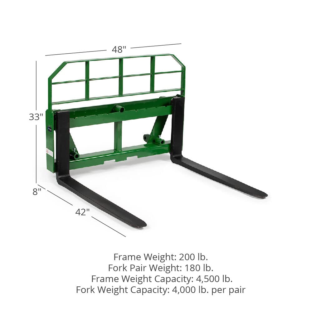 Titan Attachments HD Pallet Fork Attachment with 42in Fork Blades, Rate 4,500 LB, Fits John Deere Global Euro Loaders