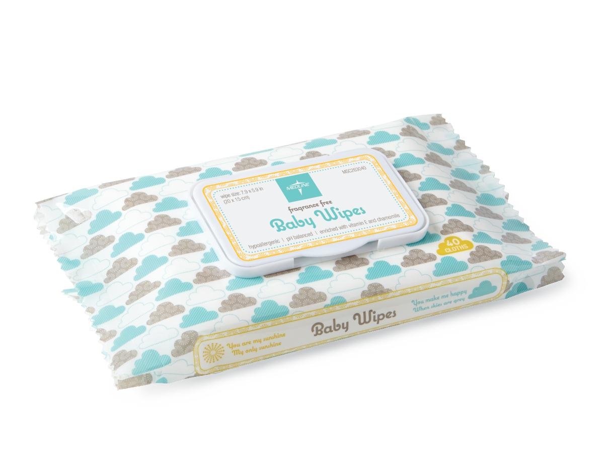 Medline AloeTouch Baby Wipes, Fragrance-Free, Hypoallergenic, 8" x 6", 40 Count (Pack Of 24)