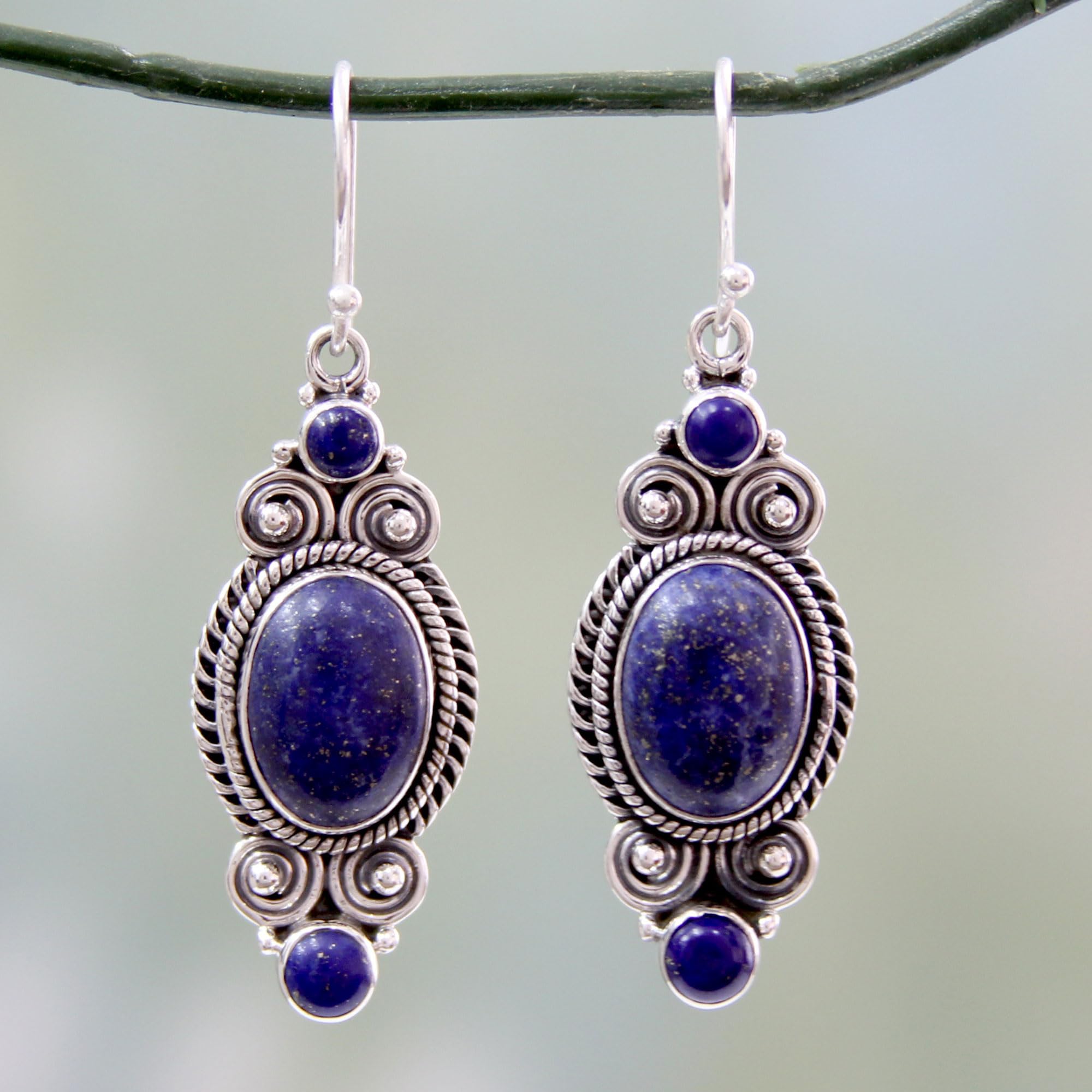 NOVICA Artisan Handmade Lapis Lazuli Dangle Earrings Ornate Sterling Silver with Blue India Snorkel Birthstone [2 in L x 0.6 in W x 0.3 in D] ' Johari Treasure'