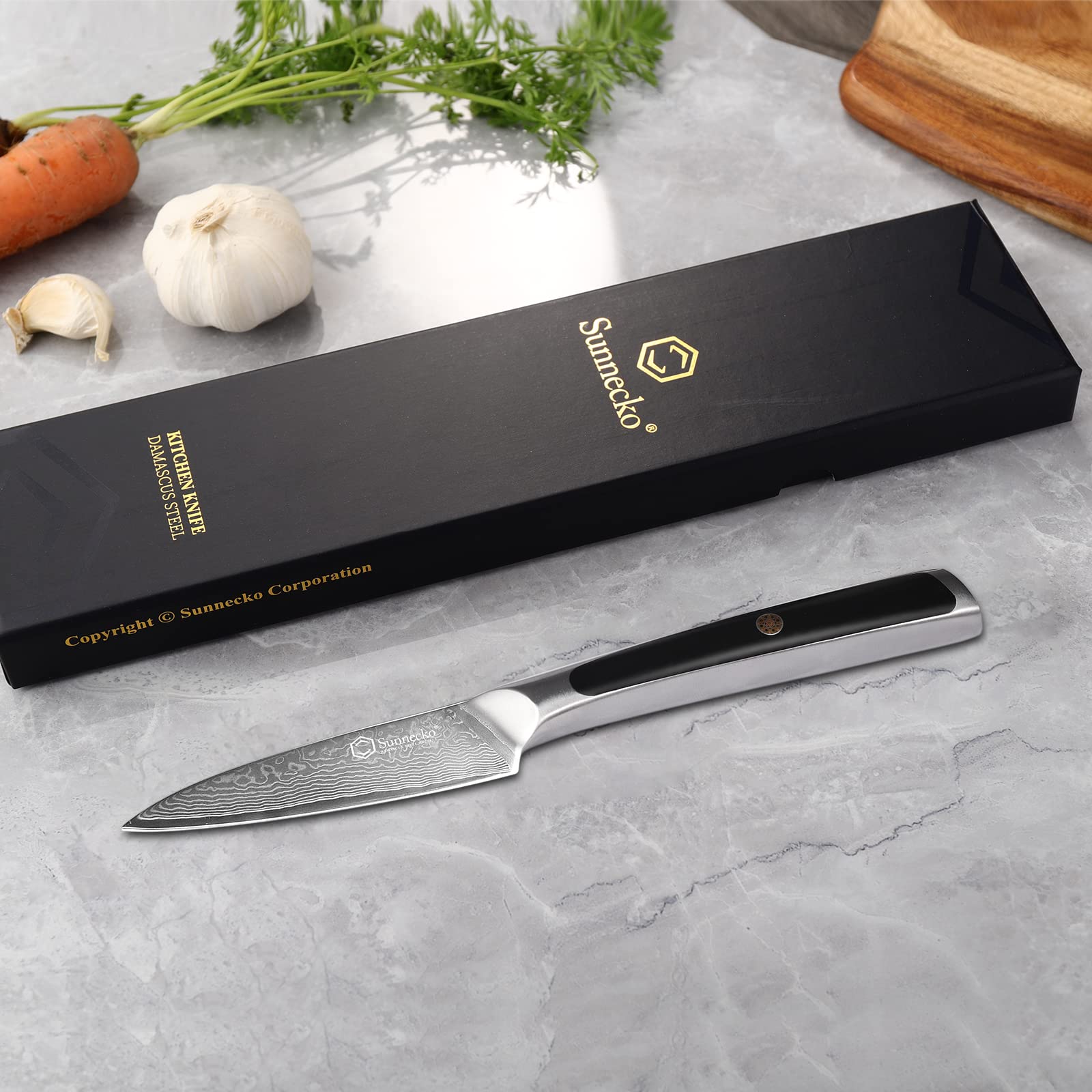 Sunnecko Paring Knife 3.5 Inch, Fruit Knife with 67-layers Damascus Steel VG-10 Blade Small Knife, Peeling Knife with Inlaid Handle Small Kitchen Knife Perfect for Cutting Fruit Vegetables Petty Knife