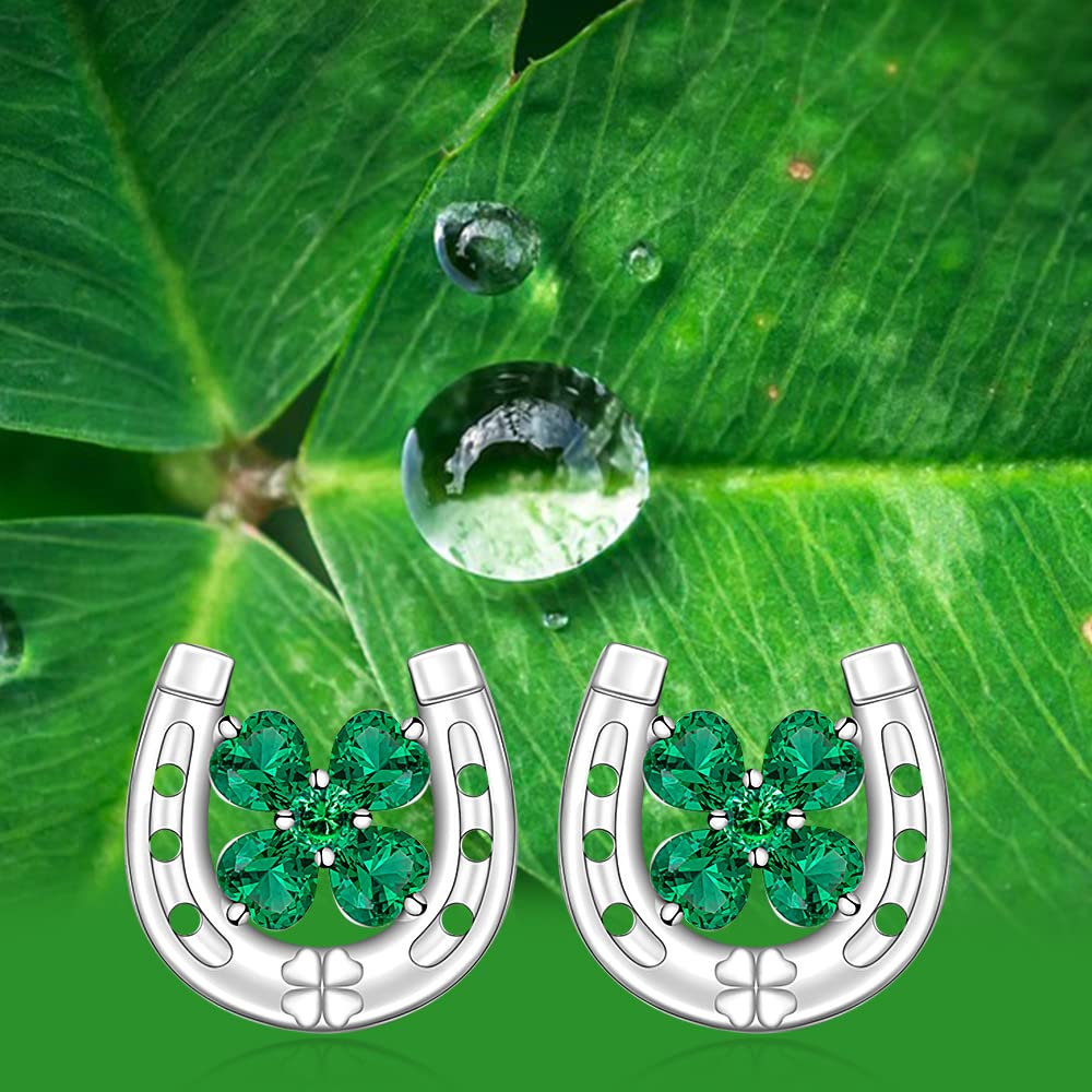 Shamrock Earrings Sterling Silver St Patrick’s Day Earrings Lucky Horseshoe Stud Clover Earrings Four Leaf Clover Emerald Green Irish Gifts