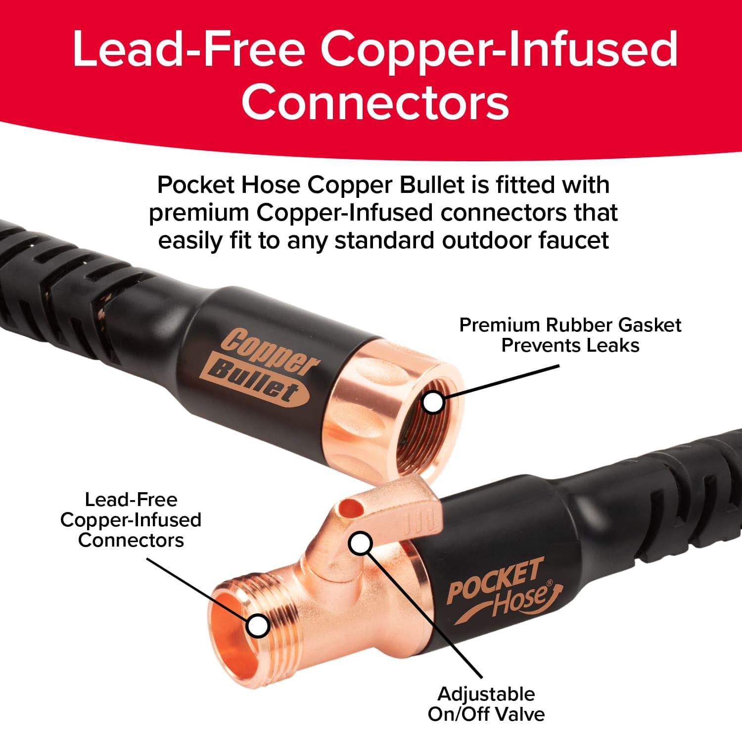 Pocket Hose Copper Bullet Expandable Garden Hose w/10 Pattern Thumb Spray Nozzle AS-SEEN-ON-TV 50 FT 650psi 3/4 in Patented Lead-Free Ultra-Lightweight Solid Copper Anodized Aluminum Fittings No-Kink