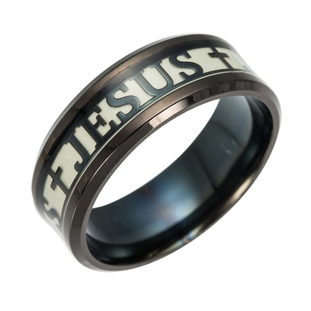 Men's Luminous Effect Ring Stainless Steel Cross Jesus Religious Band Rings Glow in the Dark For Women (7)