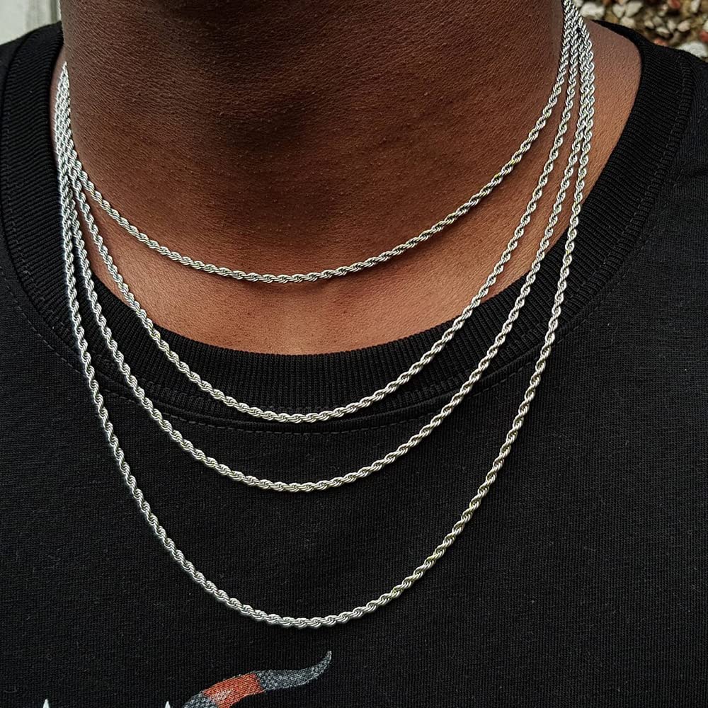 OCHCOH Silver Chain for Men Rope Chain 2mm Silver Necklace for Men Diamond Cut Silver Chain for Men Sterling Silver Chain for Men 16 Inch Sterling Silver Rope Chain Necklace for Men Mens Jewelry