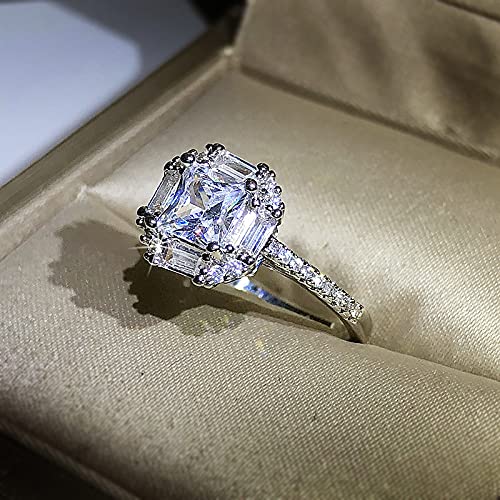 S925 Sterling Silver Simulated Diamond Ring 18k Platinum Moissanite Four-claw Princess Solitaire Ring Fashion Ultra Flash Diamond 4 Carat Zircon Wedding Engagement Ring (US Code 7)