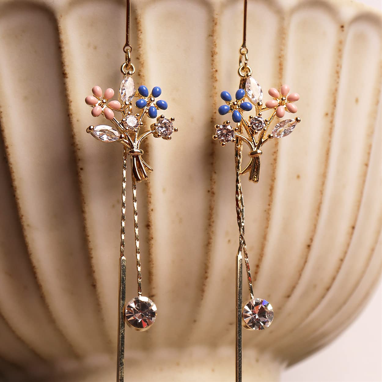 Sonateomber Colorful Daisy Flower Threader Earrings for Women Long Gold Chain Rhinestone Drop Dangle Thread Tassel Dangling Wedding Prom Jewelry Gift