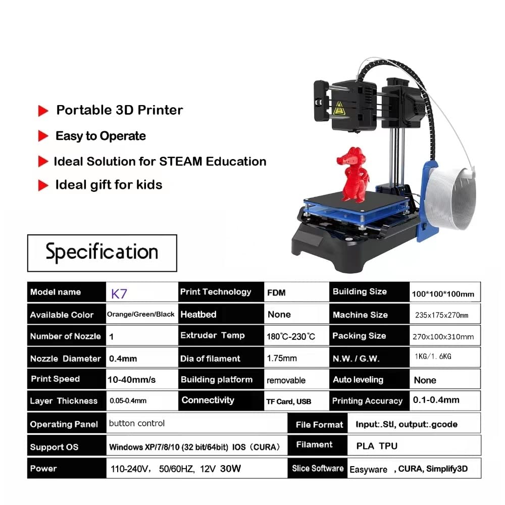 Mini 3D Printer Beginners Entry Level Low Noise Use PLA TPU 1.75mm Filament Printing Size 100x100x100mm (Color : Black, Size : TF Card Offline_US)