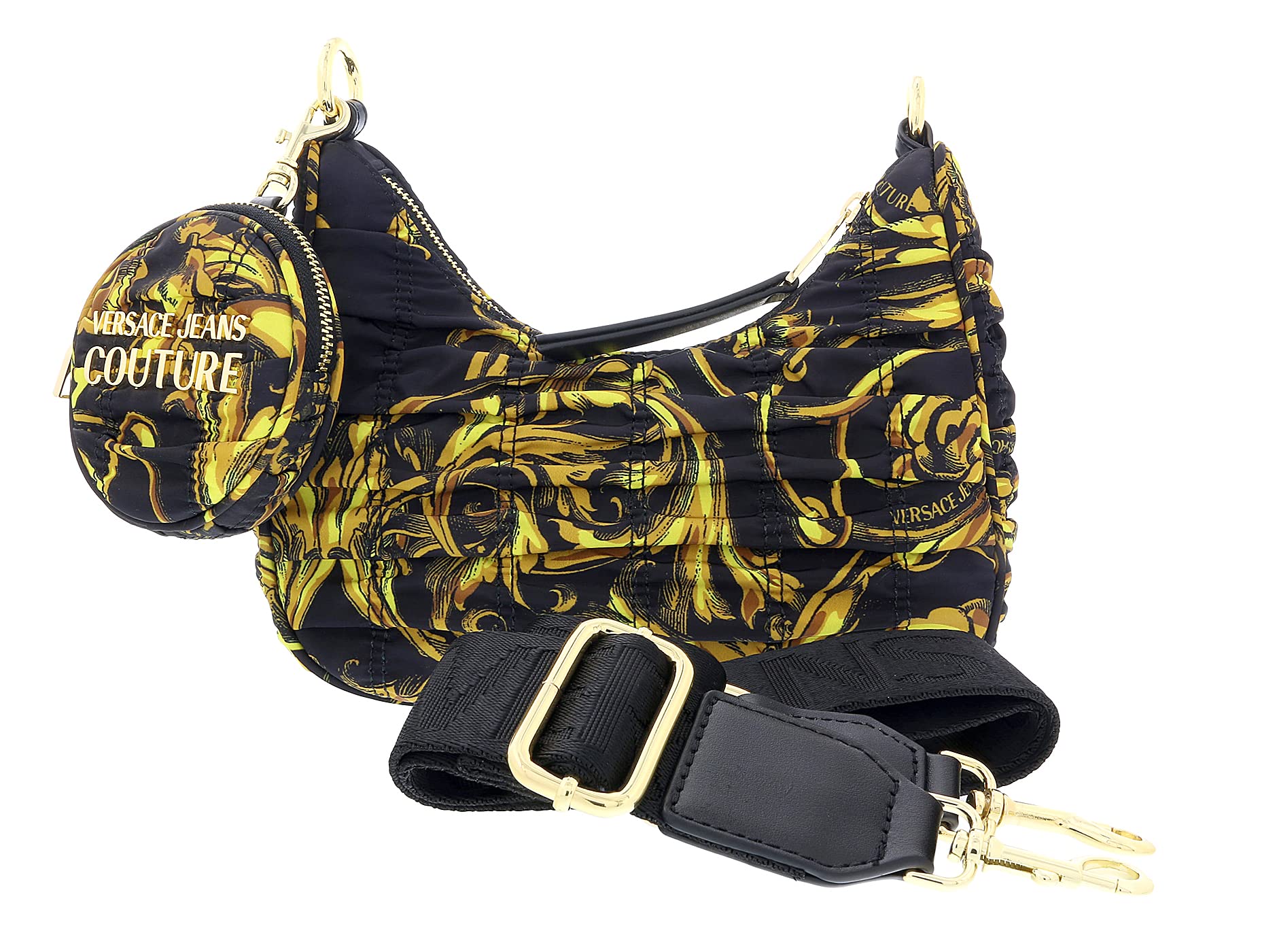 VERSACE JEANS COUTURE Black/Gold Medium Ruched Nylon Moon Shoulder Bag with Coin Purse for womens