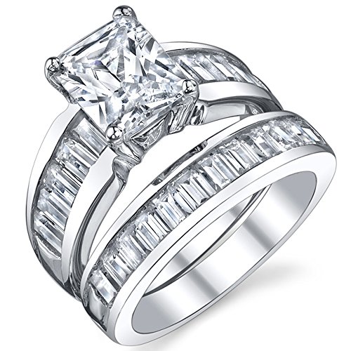 Metal Masters Sterling Silver 3 Carat Radiant Cut Cubic Zirconia Engagement Ring Wedding Bridal Set Rings With CZ 6