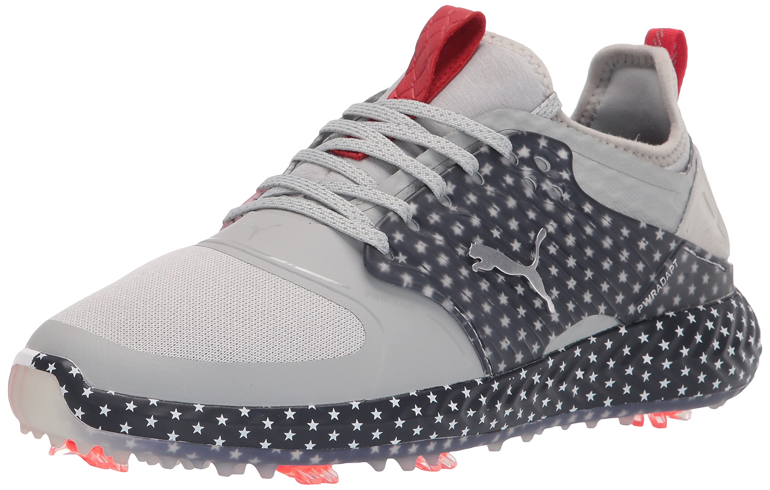 PUMA Men's Ignite Pwradapt Caged USA Golf Shoe, High Rise-Navy Blazer-High Risk Red, 9