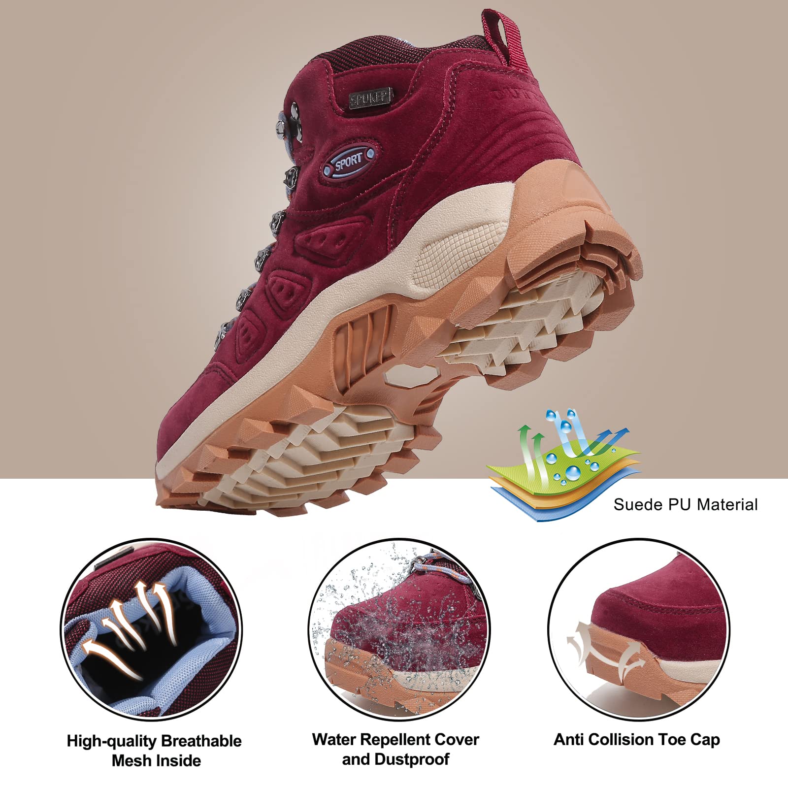 SPUKEP Women Hiking Boots Waterproof Mid Work Shoes Lace Up Suede Leather Walking Trekking Mountain Outdoor