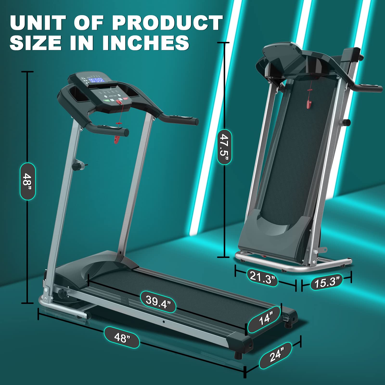 Redliro Electric Treadmill Foldable Exercise Walking Machince for Apartment Home/Office Jogging Compact Folding Easy Assembly 12 Preset Program 2 Wheels LCD Display (Silver)