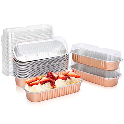 Suice Disposable Mini Cake Pans with Lids 6.5"x2.5"x1.2", 25pcs Aluminum Baking Cups Small Cupcake Pans 6.8Oz, Individual Dessert Pans Rose Gold Disposable Ramekins for Cheesecake, Creme Brule,Cupcake
