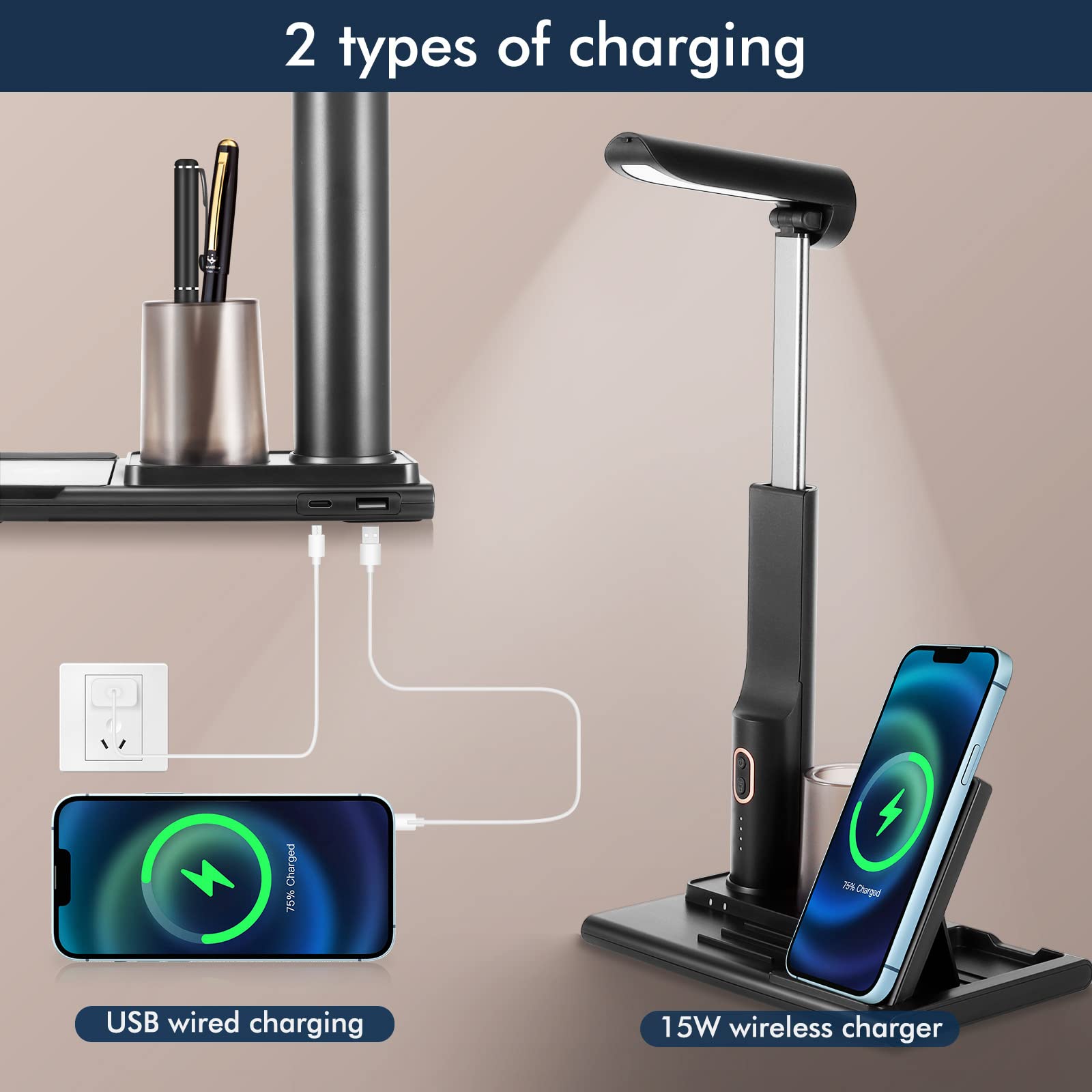 S SUNSBELL Led Desk Lamp, Wireless Charger 15W, Desk Lamp with USB Charging Port, 3 Lighting Modes 5W Desk Lamps for Home Office, Dorm Room Essentials Office Accessories, College Student Gifts