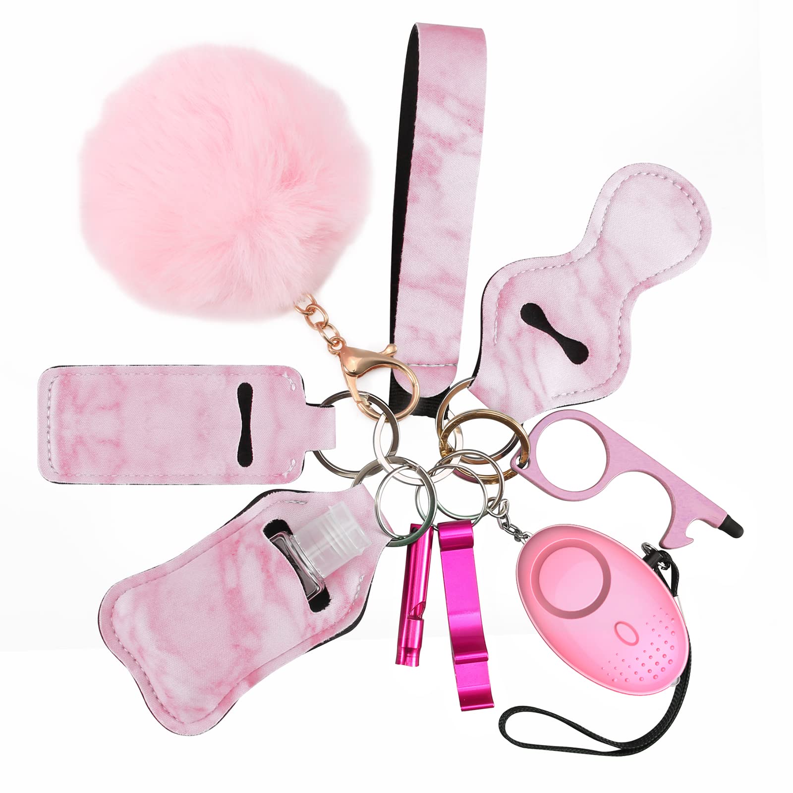 Safety Keychain Set for Women and Kids, 10 Pcs Safety Keychain Accessories, Self Defense Keychain Set for Girls with Safe Sound Personal Alarm, No Touch Door Opener, Whistle and Pom, Pink