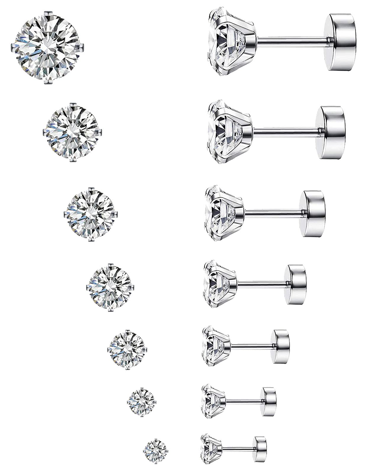 MJust 7 Pairs 20G Stainless Steel Stud Earrings Tiny Stud Earrings Barbell Earring Flatback Cartilage Earrings Set For Women Men 2MM-8MM (Silver)