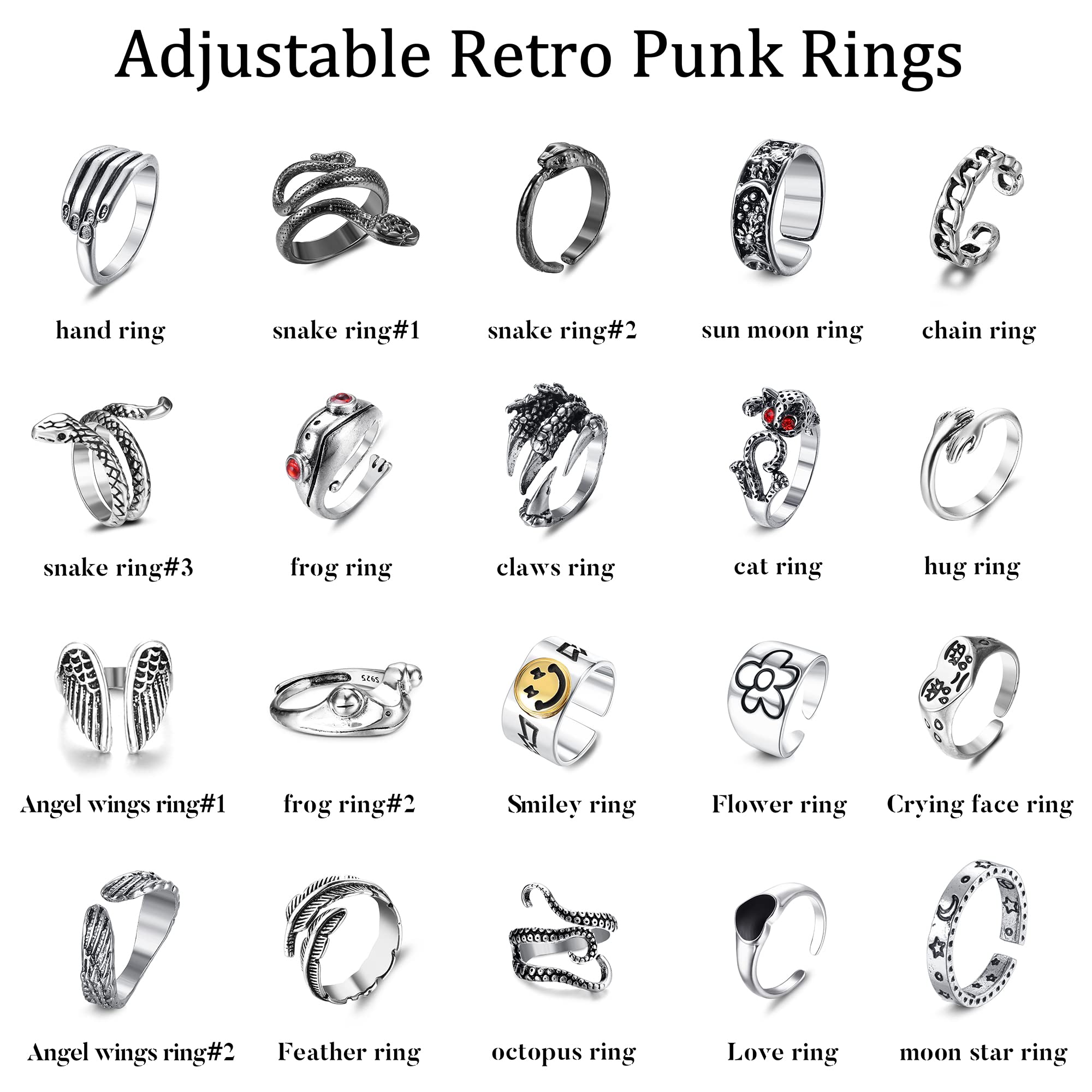 SAILIMUE 20 Pcs Goth Punk Rings for Men Women Adjustable Cool Vintage Silver Emo Ring Set Snake Frog Claw Open Stackable Gothic Ring Pack