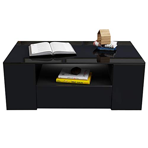 Modern Coffee Table, High Gloss Cocktail Coffee Table Contemporary Glossy End Table Rectangle Design with Drawers and Storage Shelf for Home Living Room Office Furniture, Black