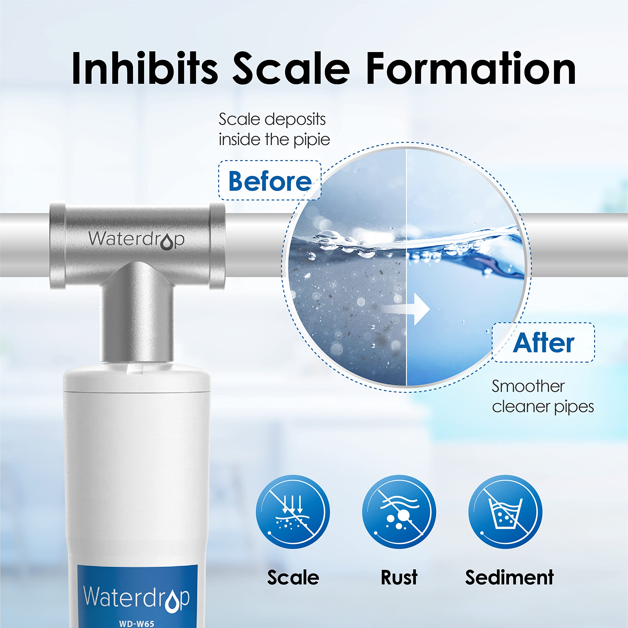 Waterdrop AP431 AP430SS Whole House Scale Inhibitor Filter, Heater Softener System, Prevent Scale Build Up On Hot Water Heaters, Pipes and Boilers