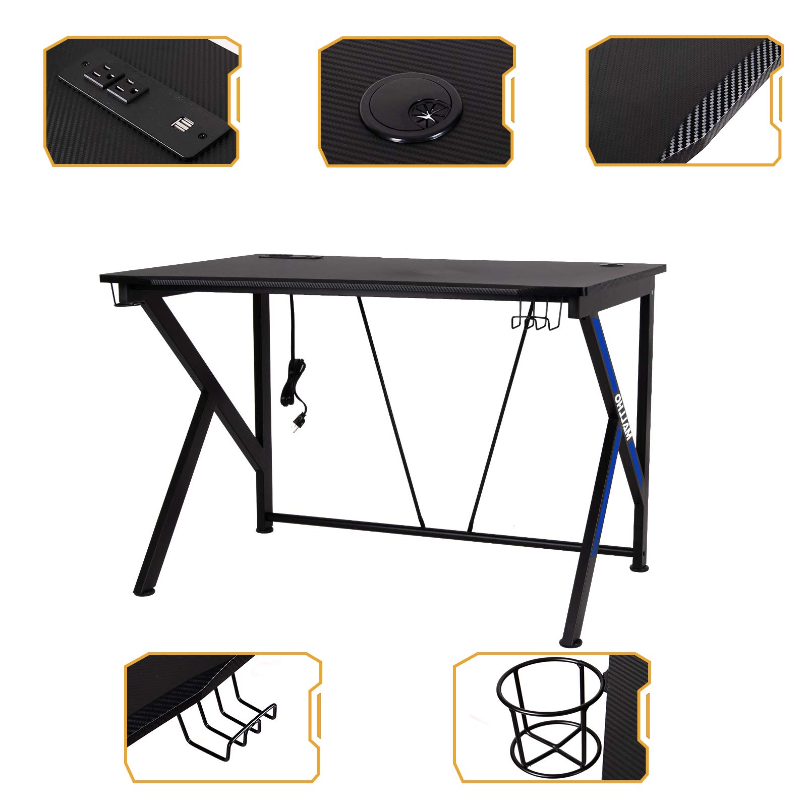 Polar Aurora K-Shaped Gaming Desk 45.1" W x 28.6" D Home Office Computer Table, Black Gamer Workstation with Cup and Headphone Hooks, Cable Management Hole and Built-in Multi-Function Socket(Blue)