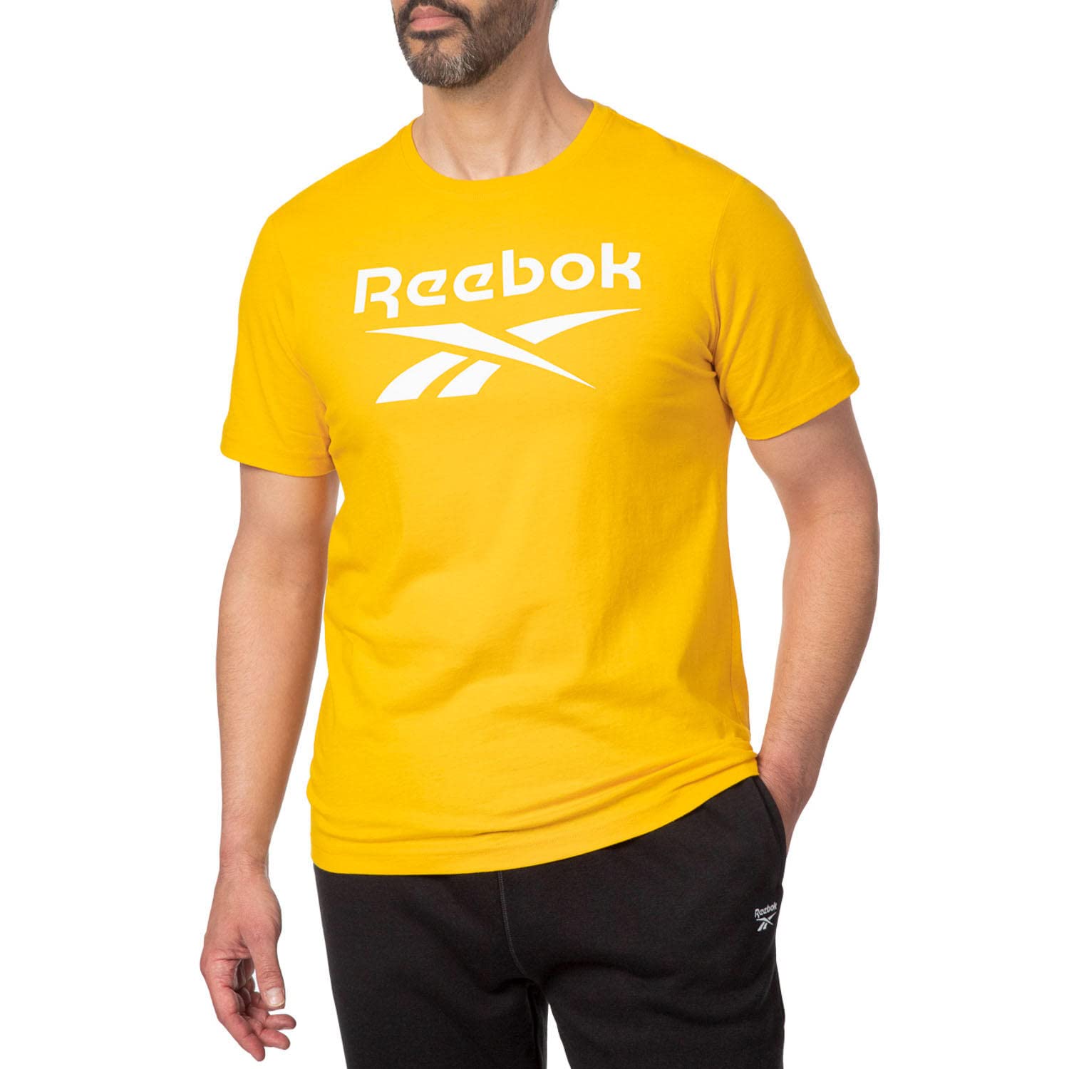 Reebok Stacked Crewneck T-Shirt Slim Fit| Men's Workout Ready Graphic Front | 100% Cotton T-Shirts - Bright Ochre Small
