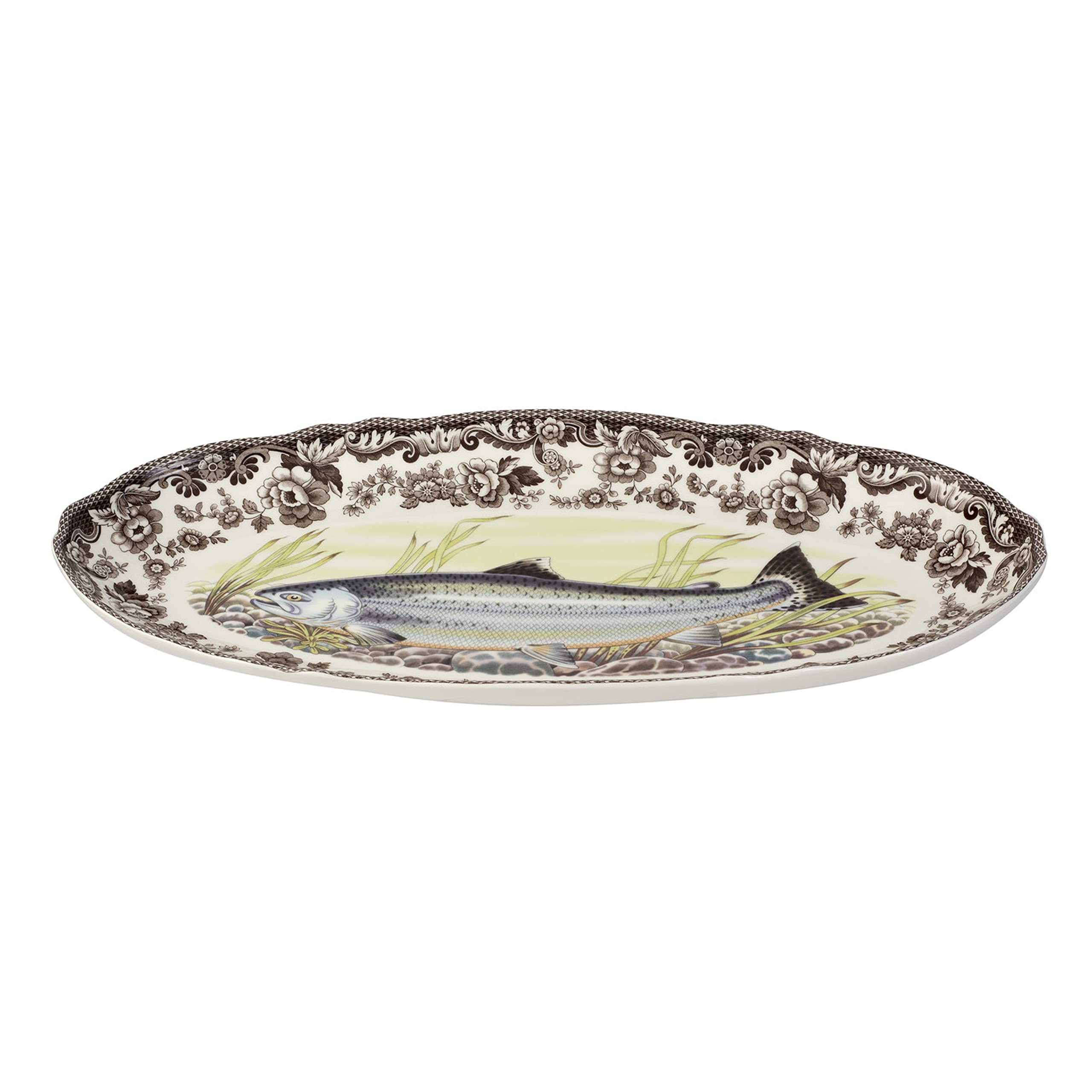 Spode Woodland Fish Platter with King Salmon Motif | 18.5" Fish Serving Platter | Large Oval Tray Made from Fine Porcelain | Microwave and Dishwasher Safe
