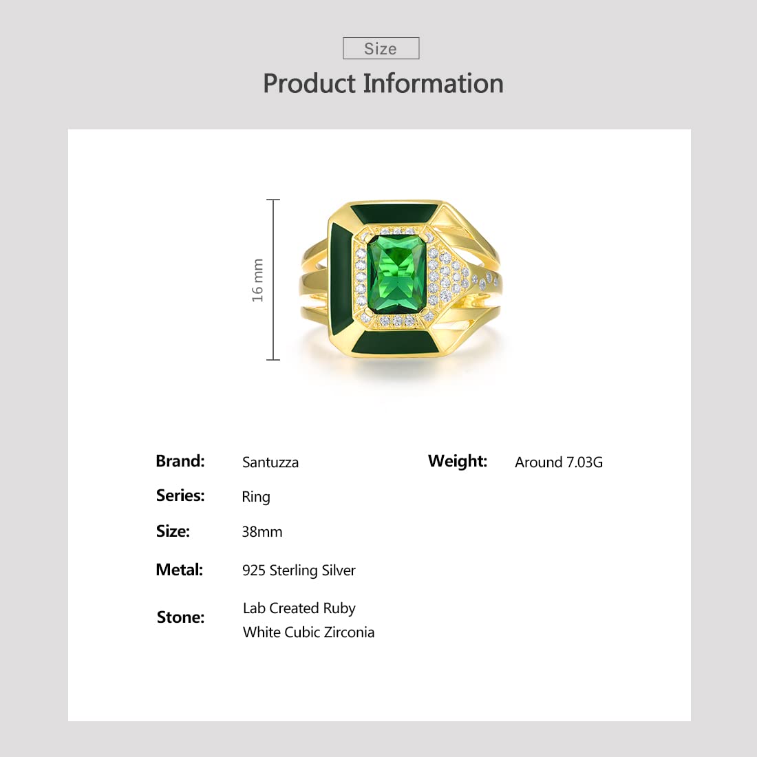 Santuzza 925 Sterling Silver Emerald Cut Green Glass Solitaire Rings Gold Plated White CZ Black Enamel Ring for Women (6)