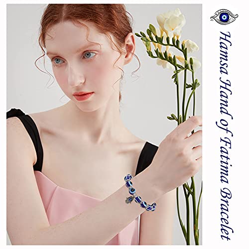 SONNYX 10 PCS Evil Eye Hamsa Blue Beaded Charm Stretch Bracelet Hand of Fatima Turkish Lucky Evil Eye Bracelet for Protection and Blessing 8MM 10MM