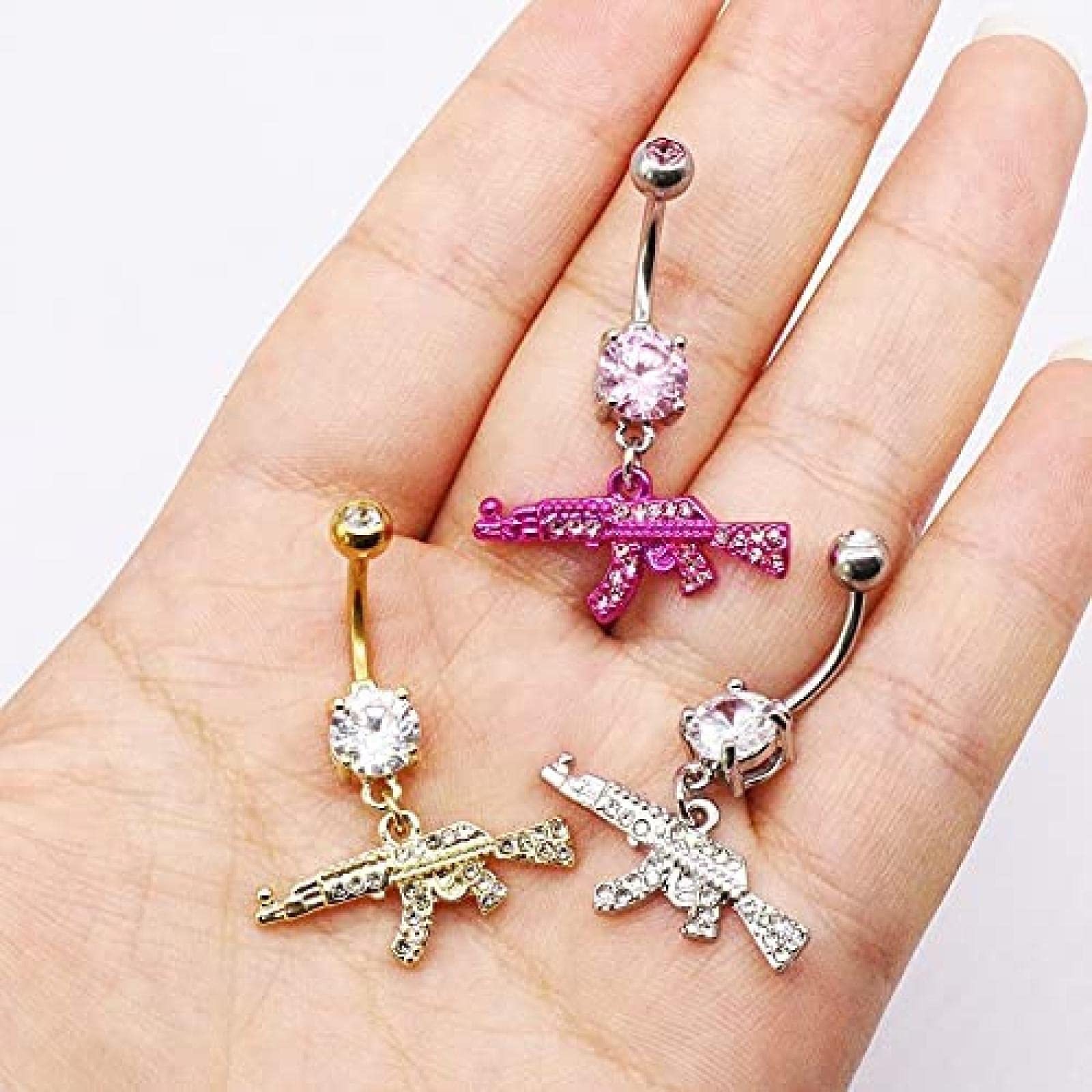 ZHAIQIUYAN Fashion Dangle Navel Ring Clear Gem Gun Belly Button Ring Body Piercing Jewelry for Women Belly Piercing (gold)