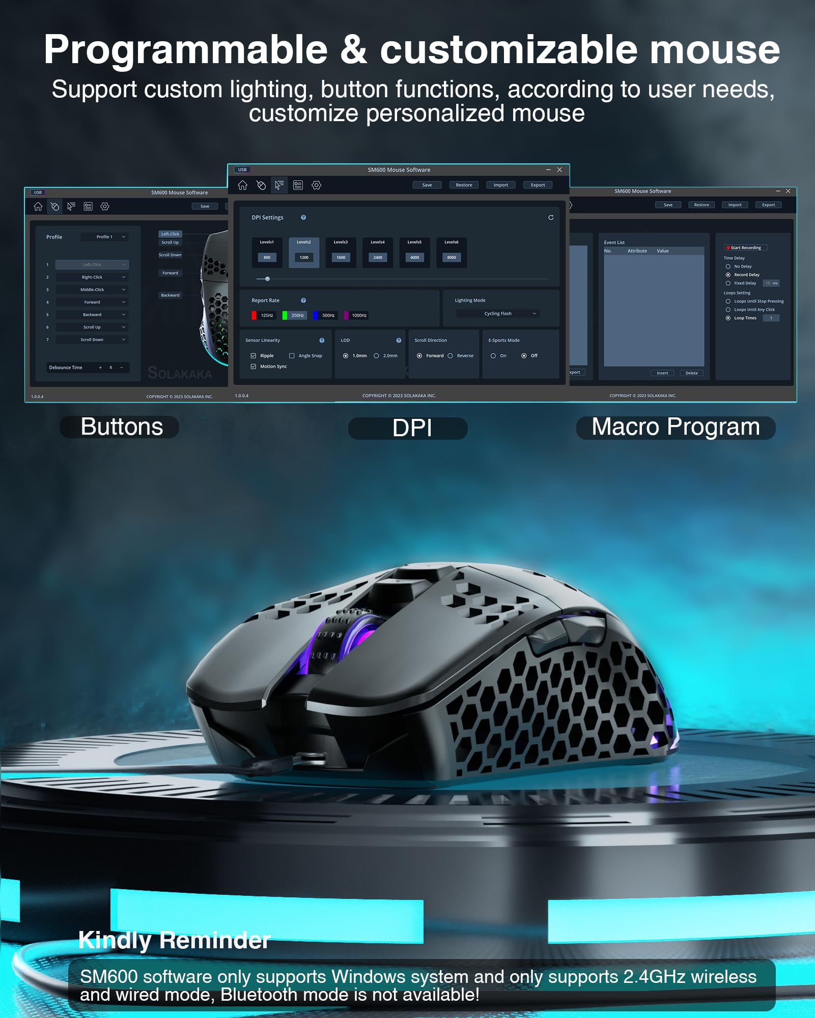 SOLAKAKA Lightweight Wireless Gaming Mouse Bluetooth with Honeycomb Shell, Side Buttons, RGB Lights, (2.4G/BT5.0) Ergonomic Optical Rechargeable Computer Mice for Windows PC/Mac - Black