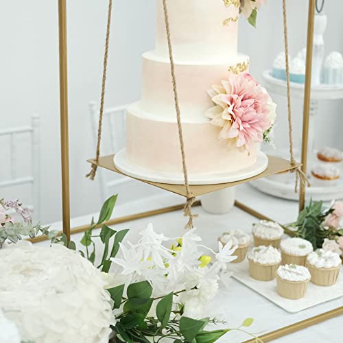 TABLECLOTHSFACTORY 3ft Tall Gold Metal Hanging Dessert Display Centerpiece with Jute Rope, Cake Stand Swing