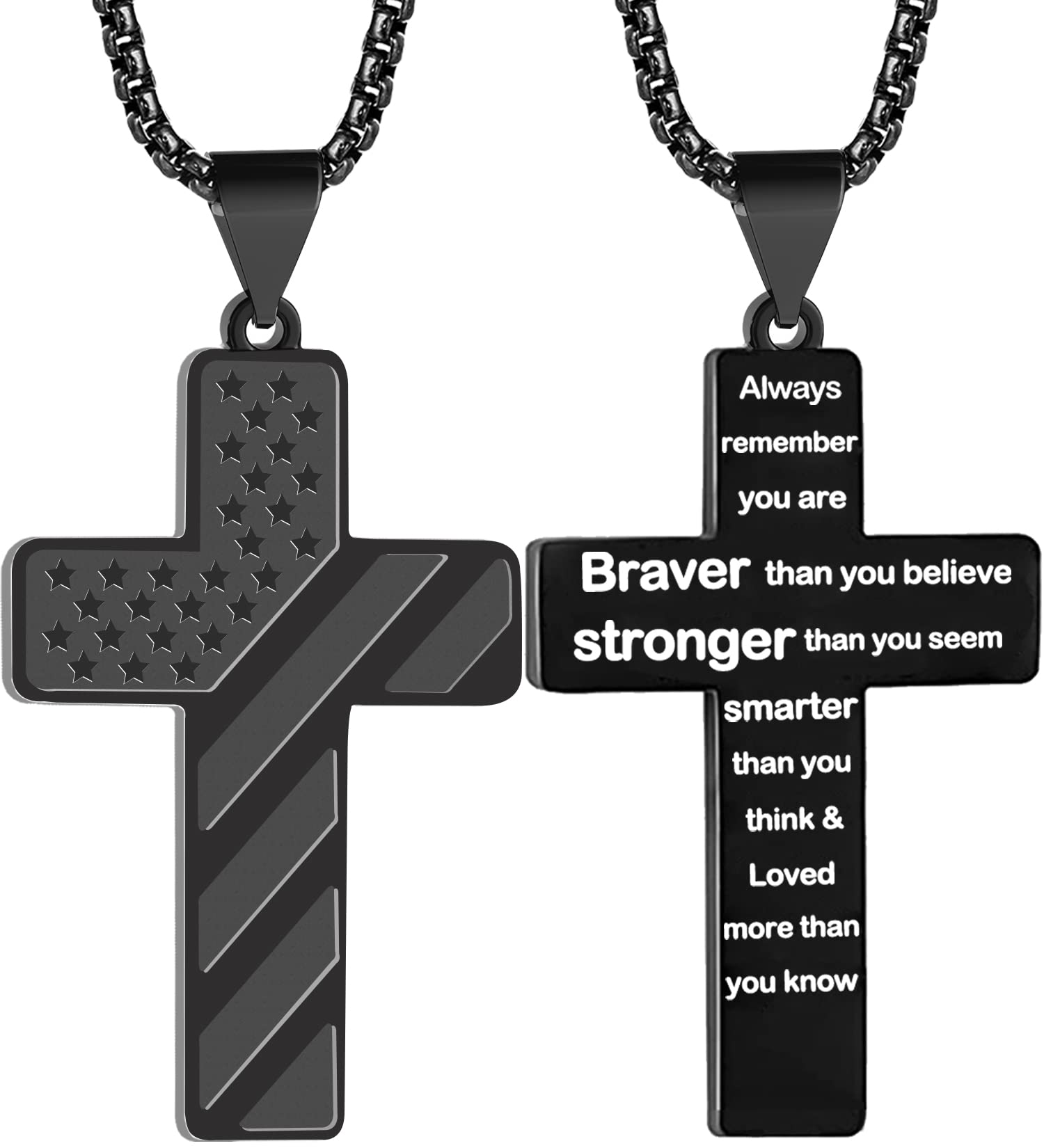 REGIS American Flag Cross Necklaceļ¼ Stainless Steel Chain with 24-Inch Bible Verse Lord's Prayer Pendant - Men's Patriotic Religious Christian Gift (Always remember, black)