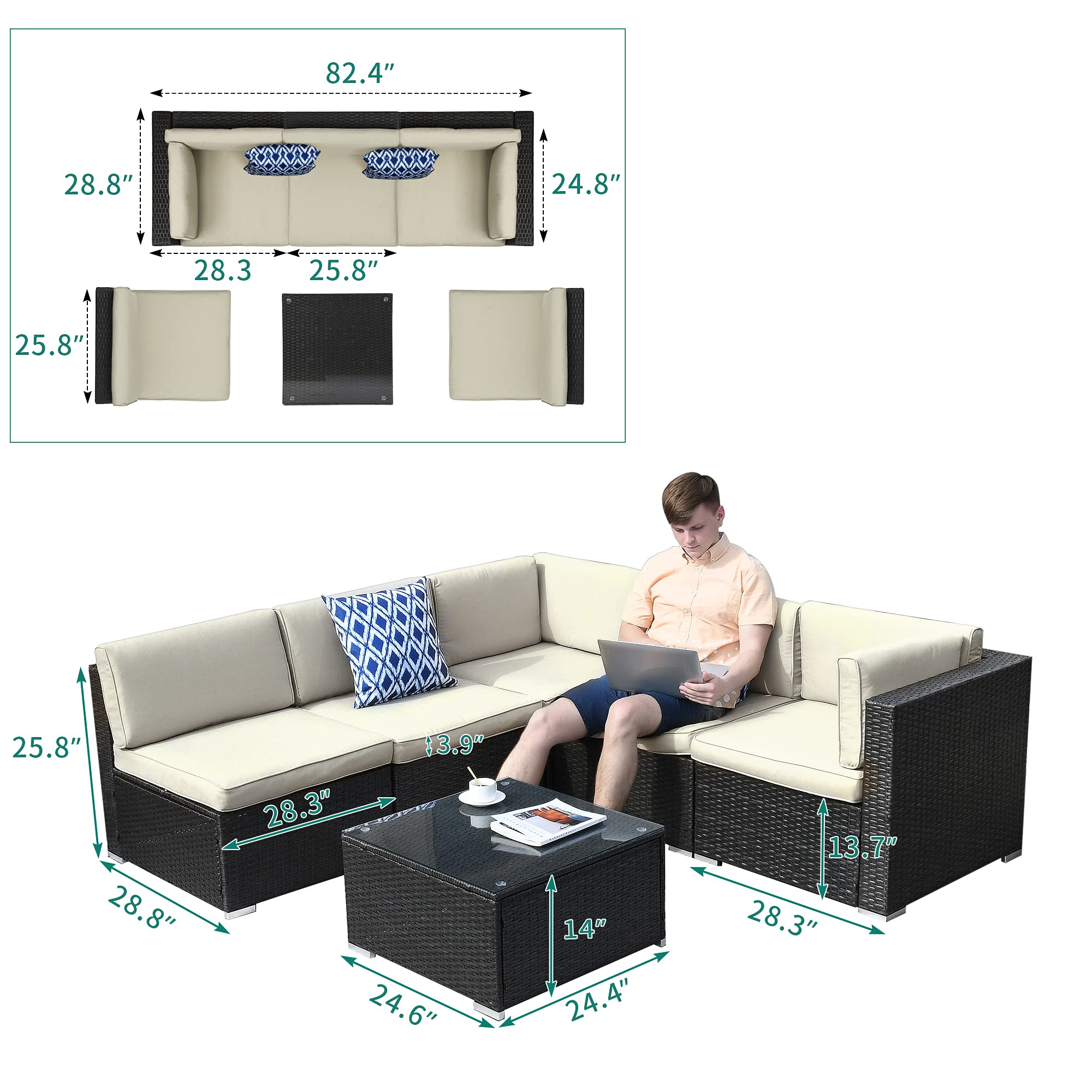 YITAHOME 6 Pieces Patio Furniture Set, Outdoor Sectional Sofa PE Wicker Conversation Set Outside Couch with Table for Porch Lawn Garden Backyard, Black