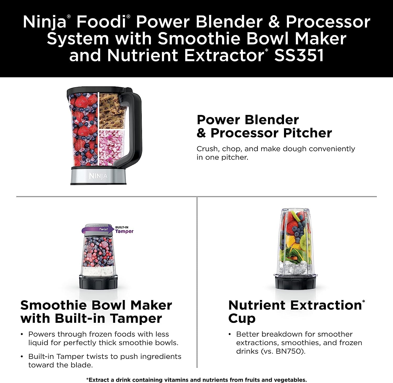 Ninja SS351 Foodi Power Pitcher System, Smoothie Bowl Maker, 4in1 Blender + Food Processor, Single Serve Blender 1400WP smartTORQUE 6 Auto-iQ Presets (Renewed)