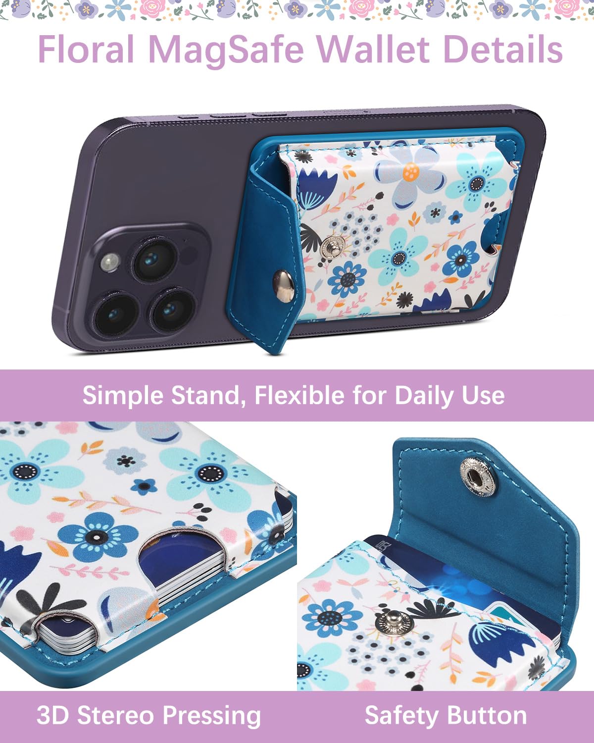 Magnetic Card Holder for Apple Magsafe Wallet for iPhone 15/14/13/12 Series, Fit 5 Cards RFID Blocking Mag Safe Floral Pattern Leather Wallet for iPhone 15 PLUS,Pro Max - Blue